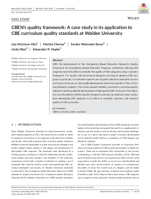 (PDF) CBEN's quality framework: A case study in its application to CBE ...