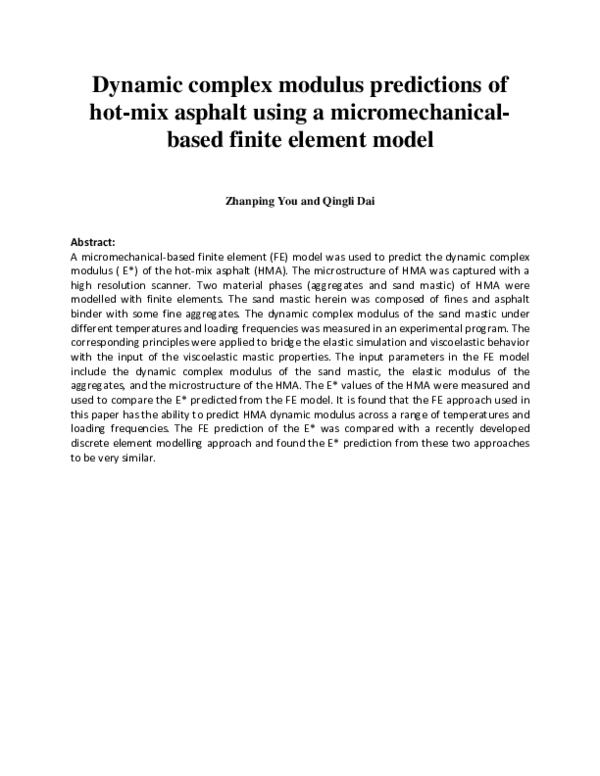 (PDF) Dynamic complex modulus predictions of hot-mix asphalt using a micromechanical-based ...