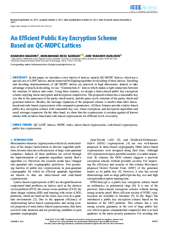 Pdf An Efficient Public Key Encryption Scheme Based On Qc Mdpc Lattices