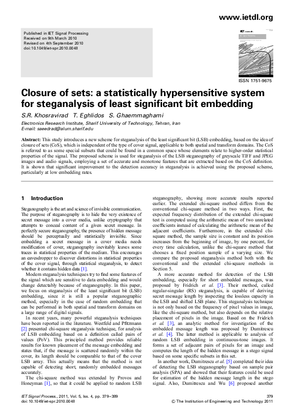 (PDF) Closure of sets: a statistically hypersensitive system for steganalysis of least ...