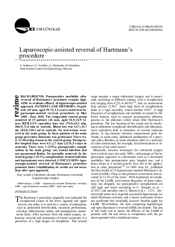 (PDF) Laparoscopic-assisted reversal of Hartmann's procedure