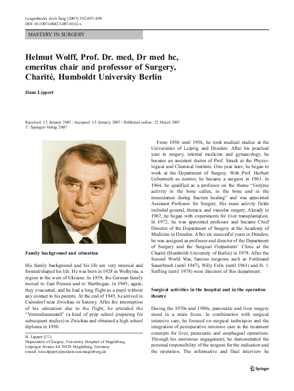 (PDF) Helmut Wolff, Prof. Dr. med, Dr med hc, emeritus chair and ...