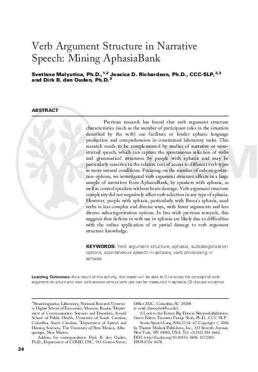 (PDF) Verb Argument Structure in Narrative Speech: Mining AphasiaBank