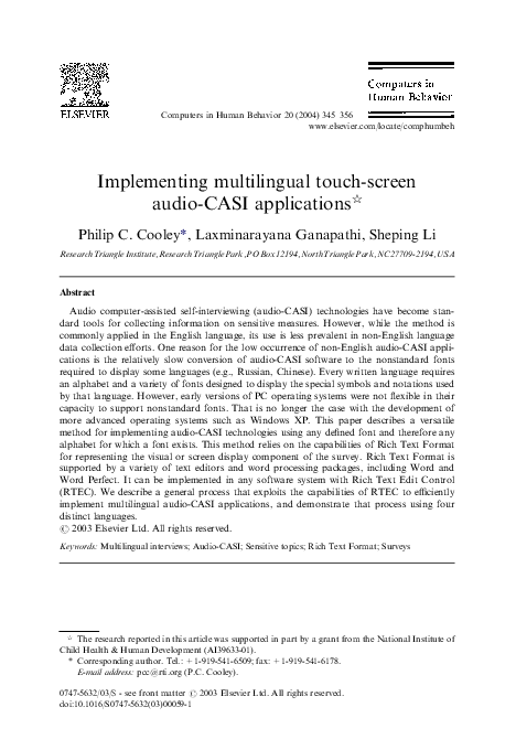 (PDF) Implementing multilingual touch-screen audio-CASI applications (PDF) Implementing multilingual touch-screen audio-CASI applications