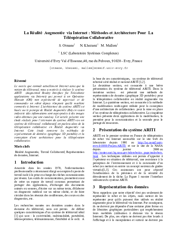 (PDF) La Réalité Augmentée via Internet : Méthodes et Architecture Pour La Téléopération ...