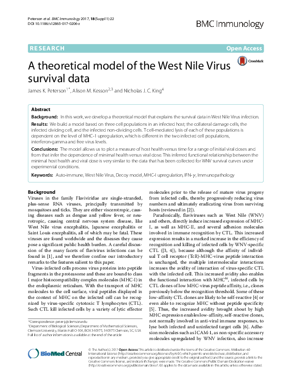 (PDF) A theoretical model of the West Nile Virus survival data | Alison ...
