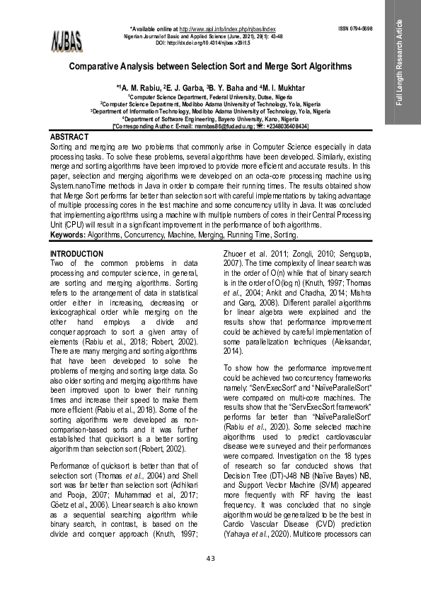 (PDF) Comparative Analysis between Selection Sort and Merge Sort Algorithms