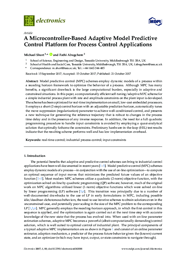 Pdf A Microcontroller Based Adaptive Model Predictive Control Platform For Process Control