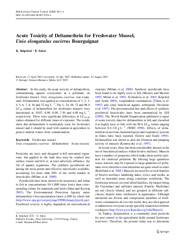 (PDF) Acute Toxicity of Deltamethrin for Freshwater Mussel, Unio ...