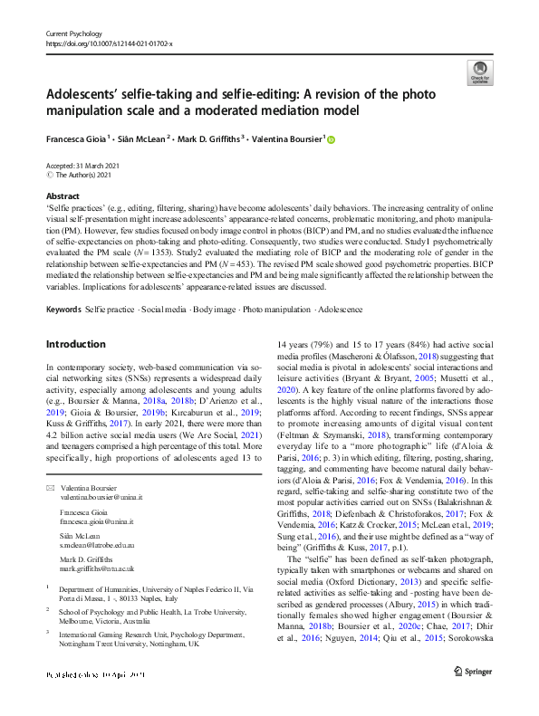 (PDF) Adolescents’ selfie-taking and selfie-editing: A revision of the ...