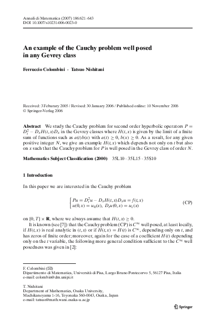 (PDF) An example of the Cauchy problem well posed in any Gevrey class