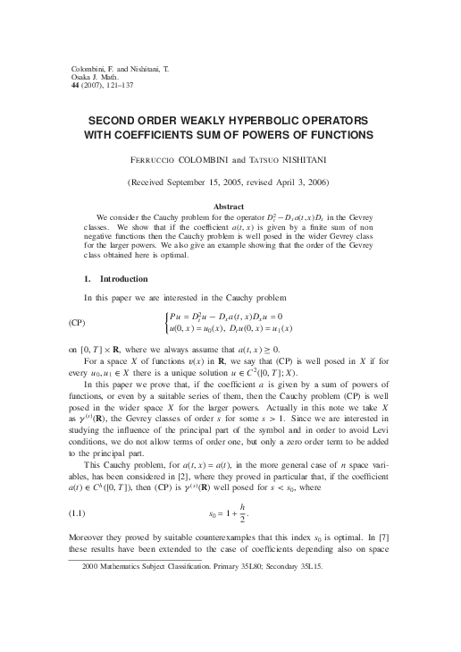 Pdf Second Order Weakly Hyperbolic Operators With Coefficients Sum Of