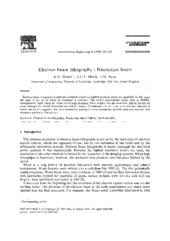 (PDF) Electron beam lithography—Resolution limits