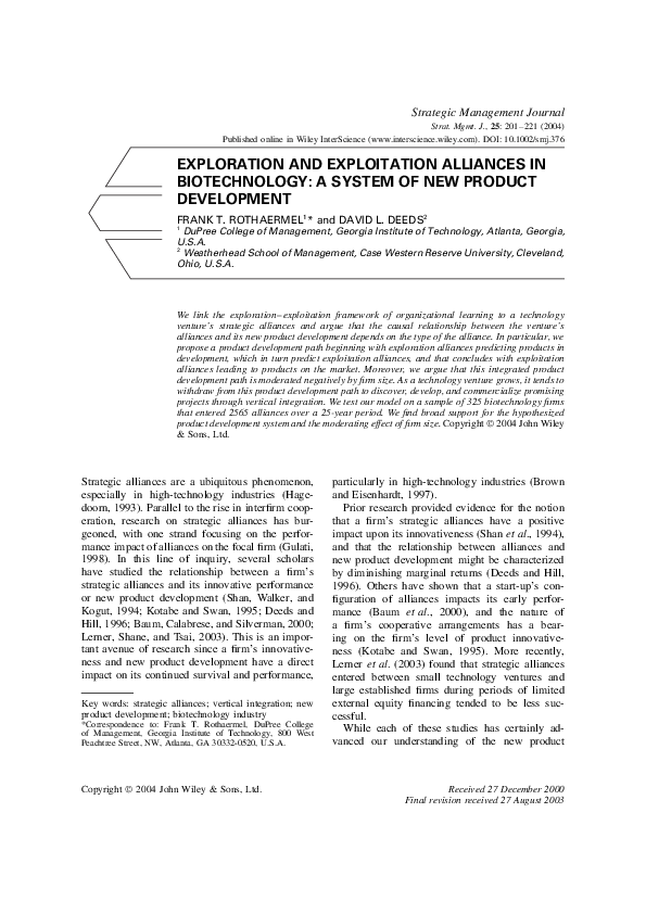 (PDF) Exploration and exploitation alliances in biotechnology: a system of new product development