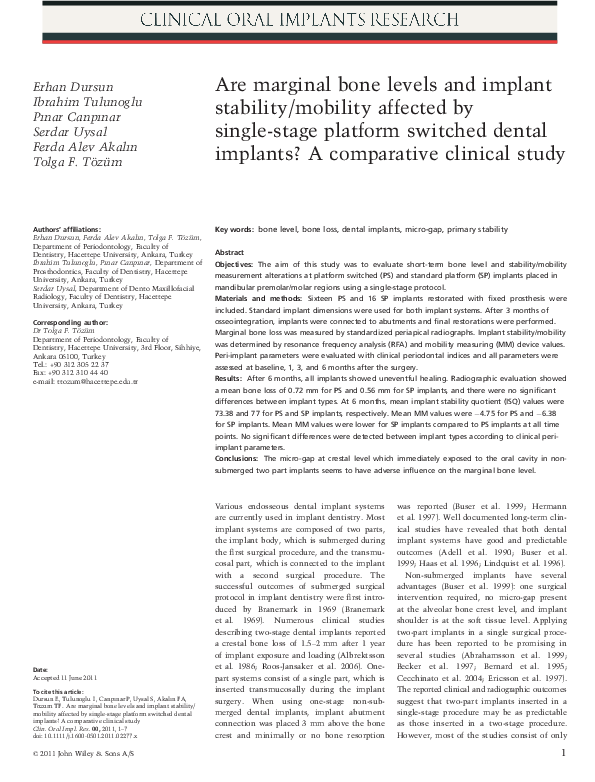 Pdf Impact Of Platform Switching On Bone Levels In Implants