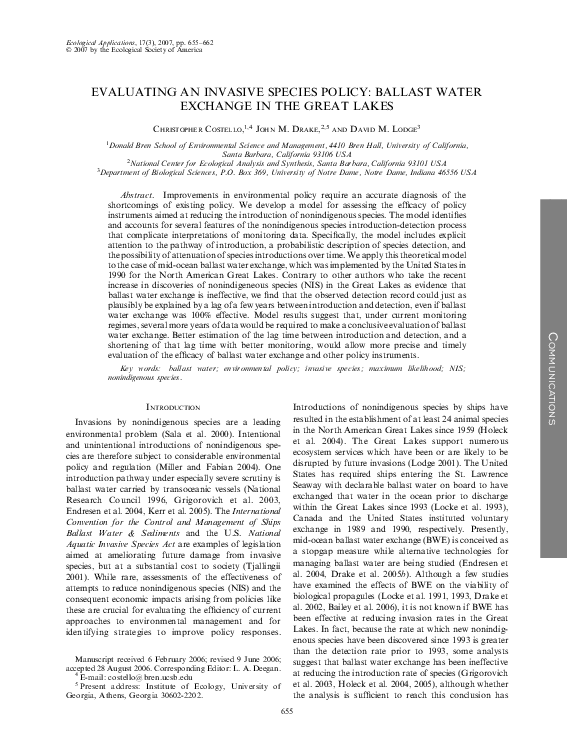 (PDF) Evaluating an Invasive Species Policy: Ballast Water Exchange in ...