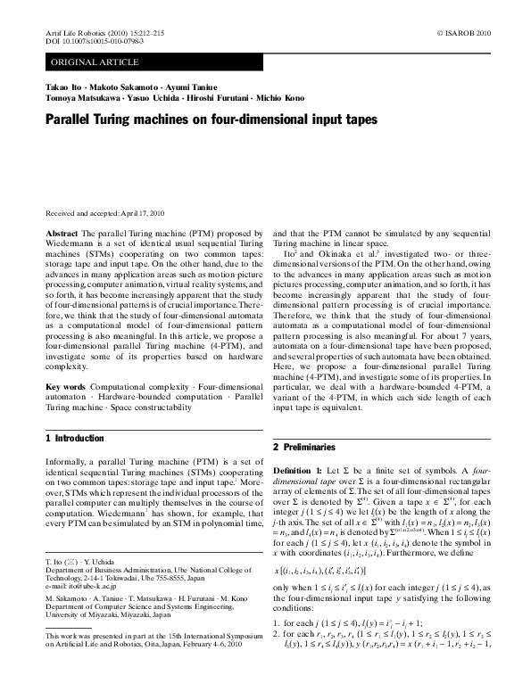 Pdf Parallel Turing Machines On Four Dimensional Input Tapes