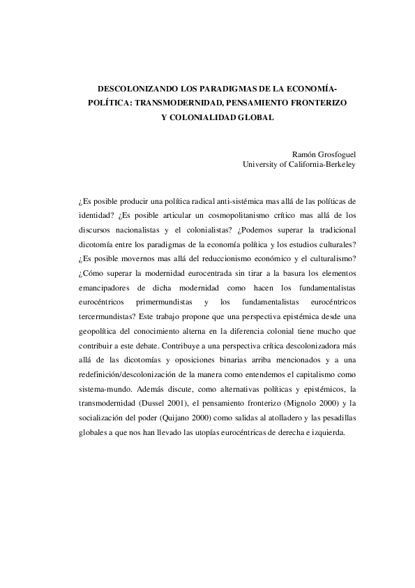 (PDF) Descolonizando los paradigmas de la economía política: Transmodernidad, pensamiento ...