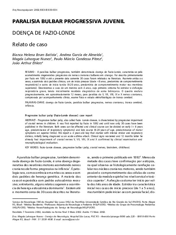 (PDF) Paralisia bulbar progressiva juvenil doença de Fazio-Londe ...