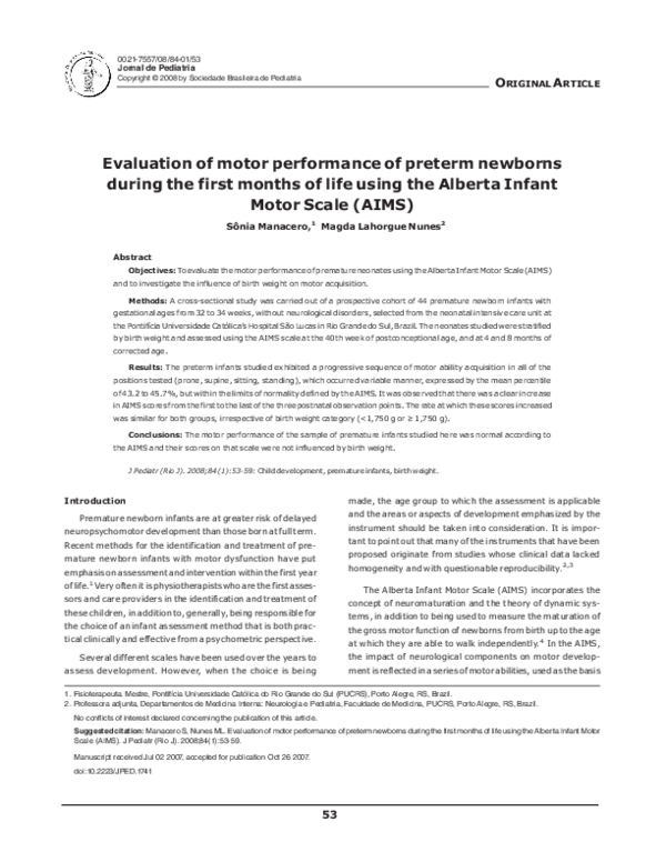 (PDF) Avaliação do desempenho motor de prematuros nos primeiros meses ...