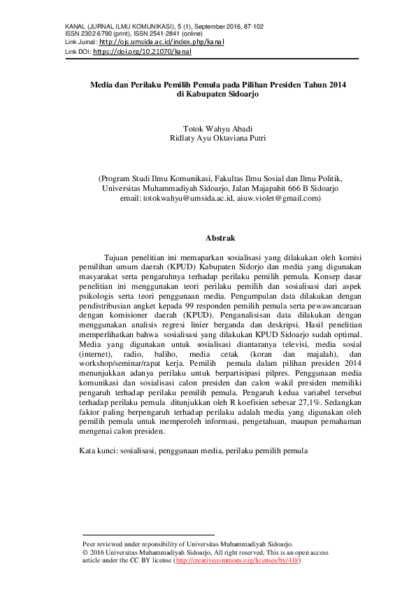 (PDF) Media dan Perilaku Pemilih Pemula pada Pilihan Presiden Tahun 2014 di Kabupaten Sidoarjo