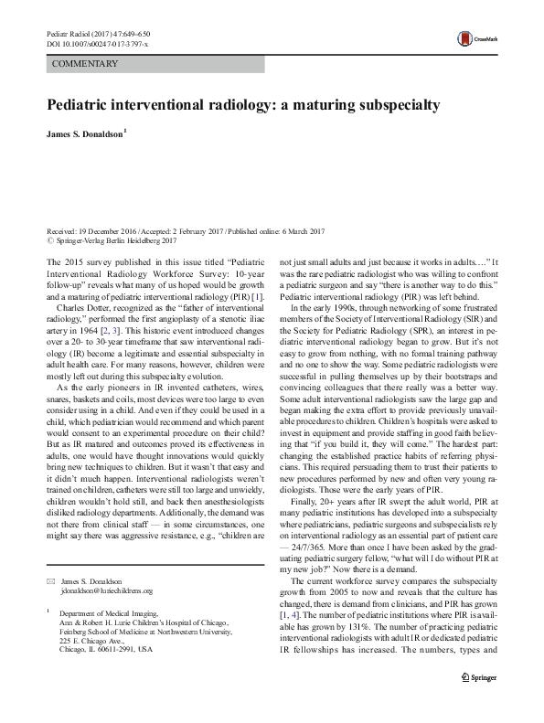 (PDF) Pediatric interventional radiology: a maturing subspecialty