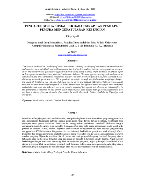 (PDF) Pengaruh Media Sosial Terhadap Sikap Dan Pendapat Pemuda Mengenai Ujaran Kebencian