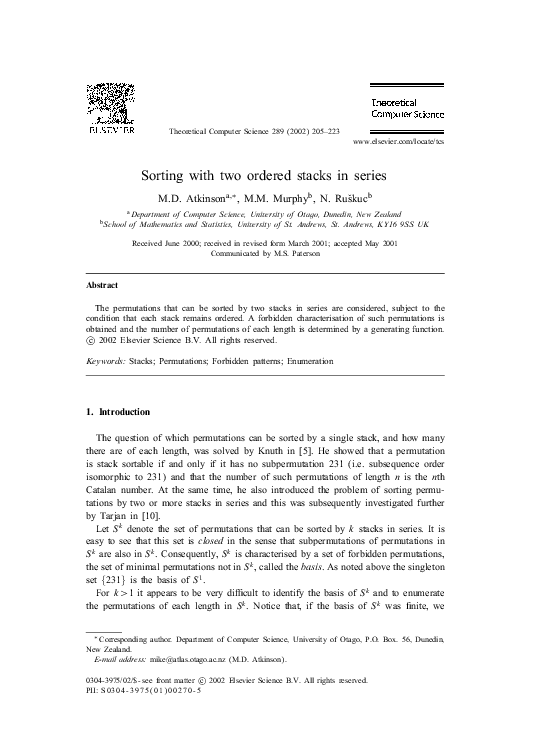 (PDF) Sorting With Two Ordered Stacks In Series