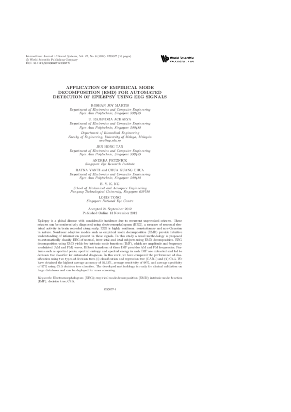 Pdf Application Of Empirical Mode Decomposition Emd For Automated Detection Of Epilepsy