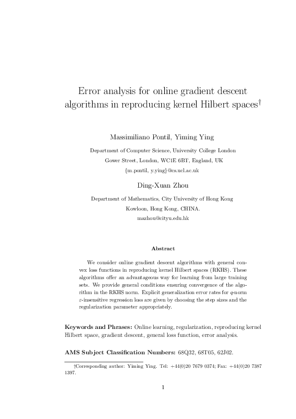(PDF) Error analysis for online gradient descent algorithms in reproducing kernel Hilbert spaces