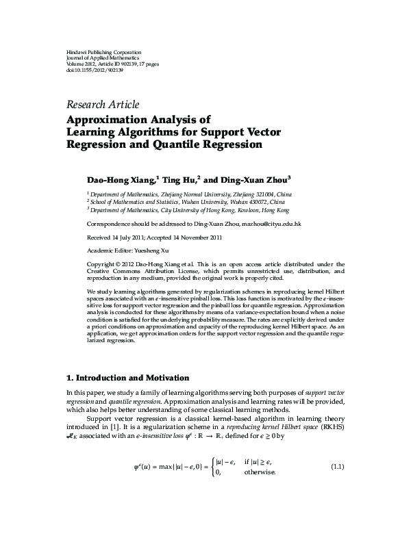 (PDF) Approximation Analysis of Learning Algorithms for Support Vector Regression and Quantile ...