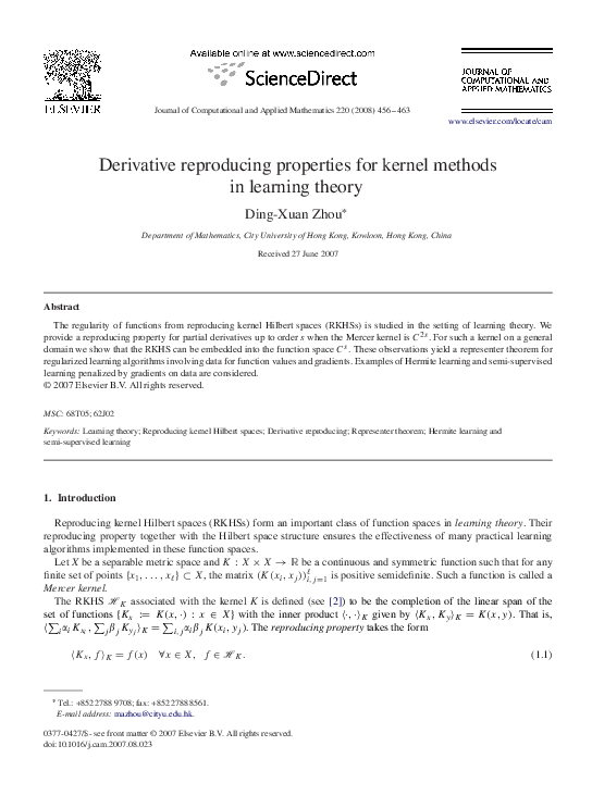 Pdf Derivative Reproducing Properties For Kernel Methods In Learning Theory 