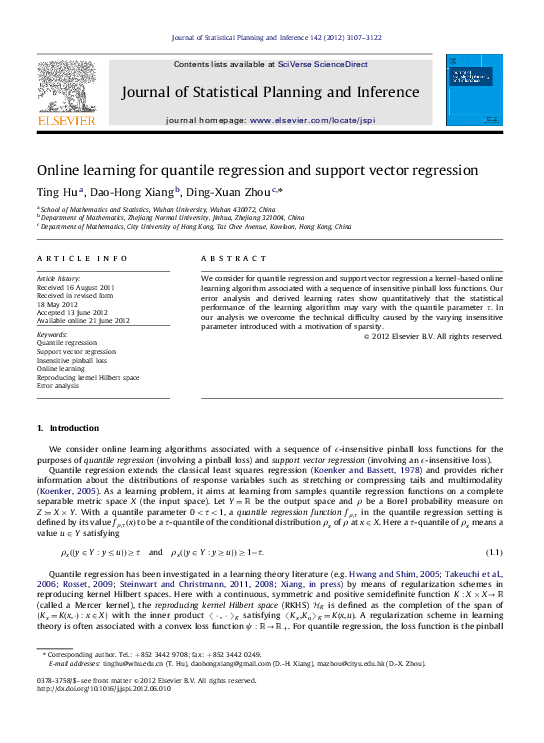 (PDF) Online learning for quantile regression and support vector regression