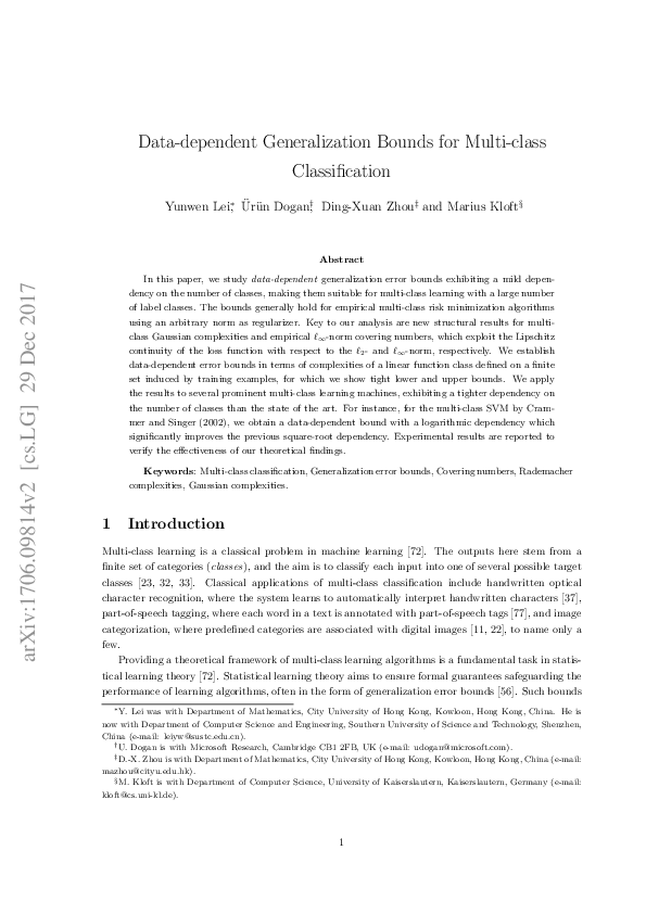 (PDF) Data-dependent Generalization Bounds for Multi-class Classification