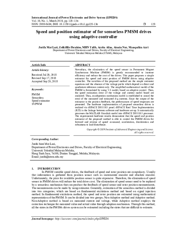 Pdf Speed And Position Estimator Of For Sensorless Pmsm Drives Using Adaptive Controller