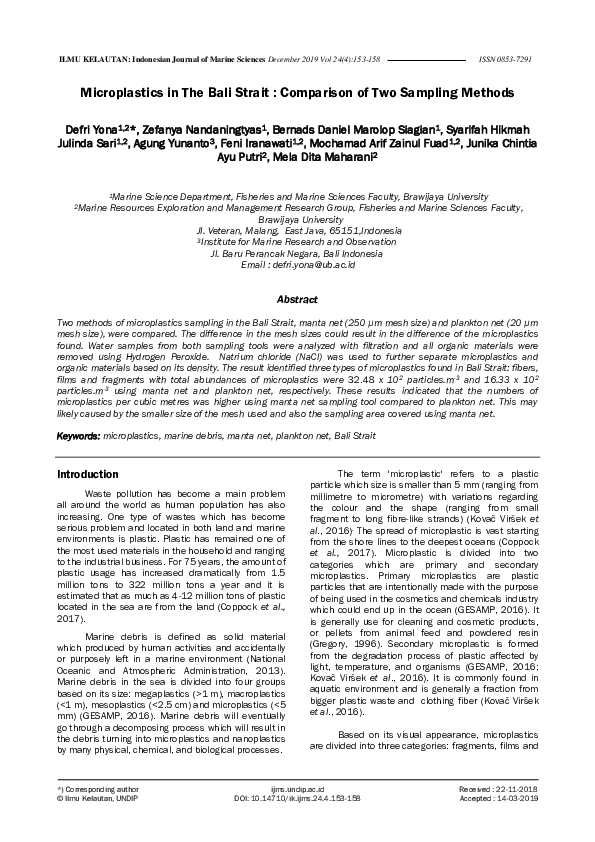 Pdf Microplastic In The Bali Strait Comparison Of Two Sampling Methods