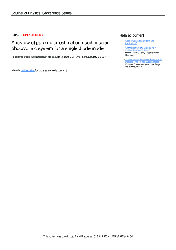 Pdf A Review Of Parameter Estimation Used In Solar Photovoltaic System For A Single Diode