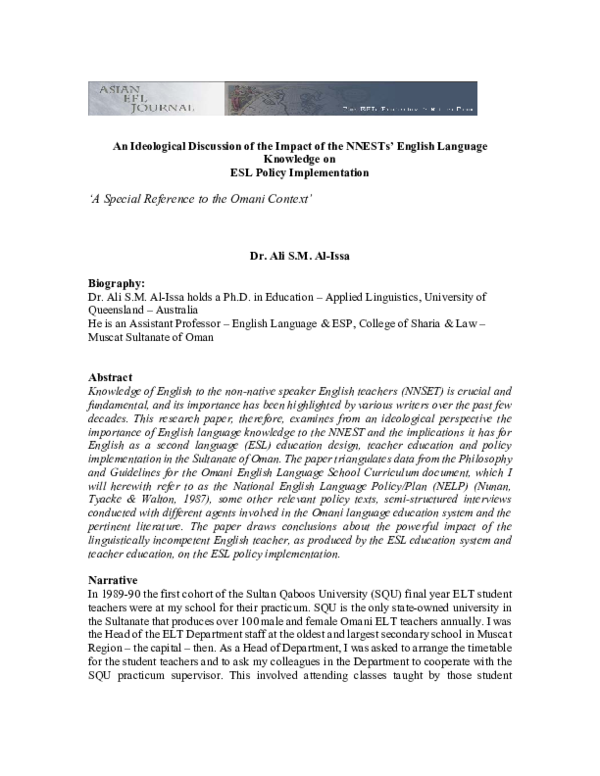 (PDF) An Ideological Discussion of the Impact of the NNESTs' English ...