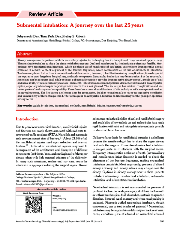 (PDF) Submental intubation: A journey over the last 25 years