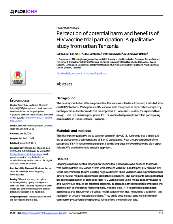 (PDF) Perception of potential harm and benefits of HIV vaccine trial ...