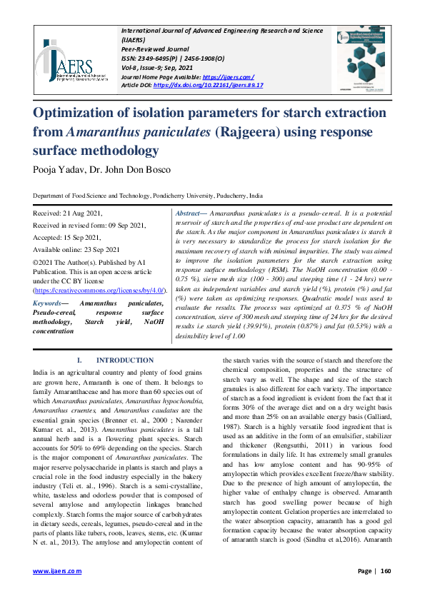 Pdf Optimization Of Isolation Parameters For Starch Extraction From