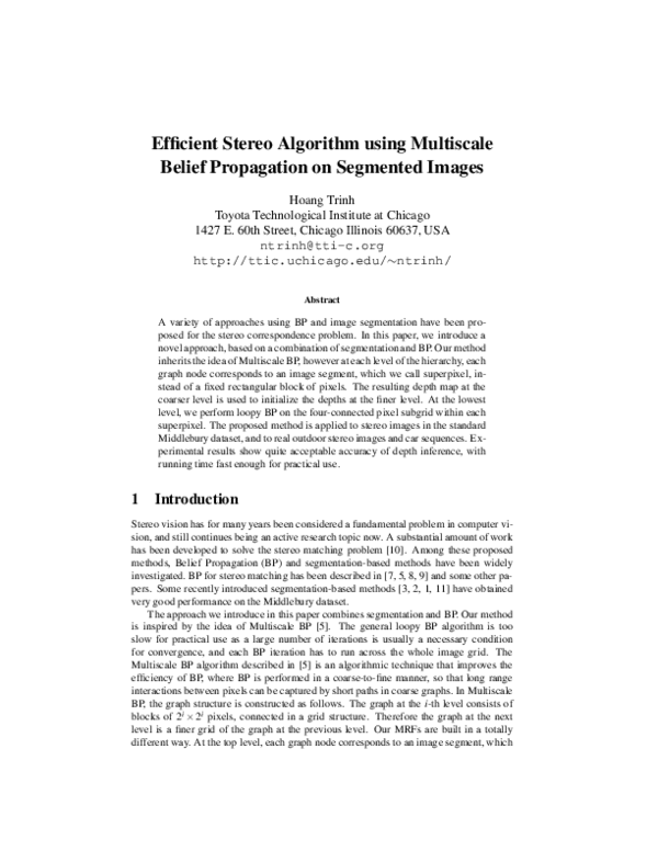 (PDF) Efficient Stereo Algorithm using Multiscale Belief Propagation on Segmented Images