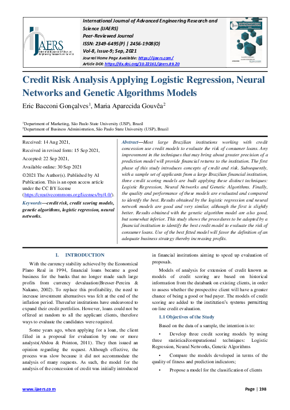 (PDF) Credit Risk Analysis Applying Logistic Regression, Neural Networks and Genetic Algorithms ...