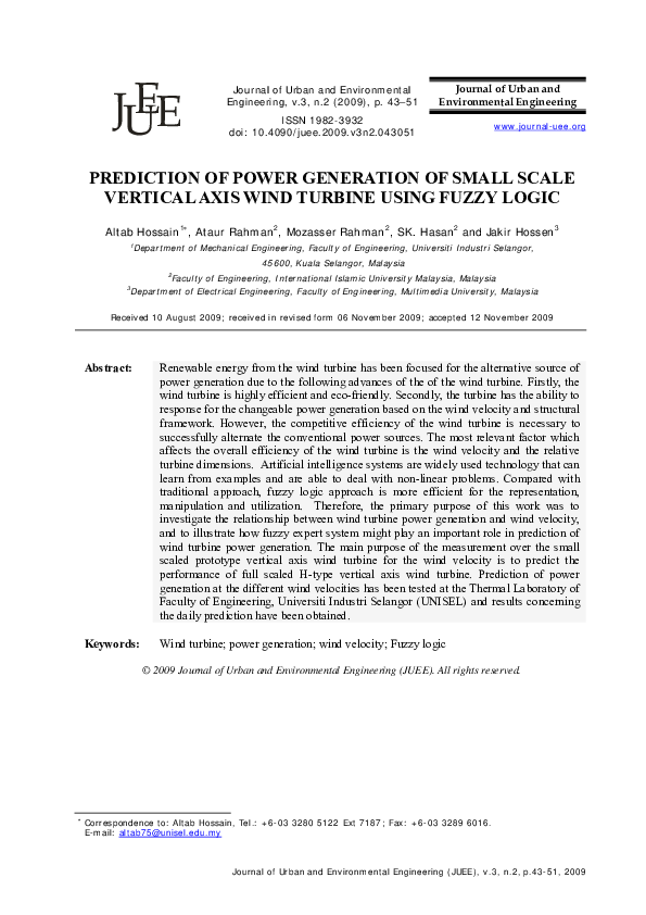 Pdf Prediction Of Power Generation Of Small Scale Vertical Axis Wind Turbine Using Fuzzy Logic