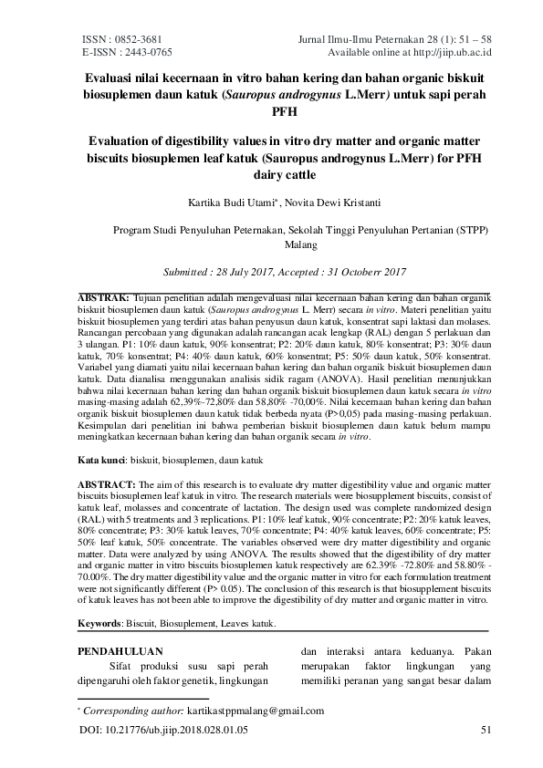 (PDF) Evaluasi nilai kecernaan in vitro bahan kering dan bahan organik biskuit biosuplemen daun ...