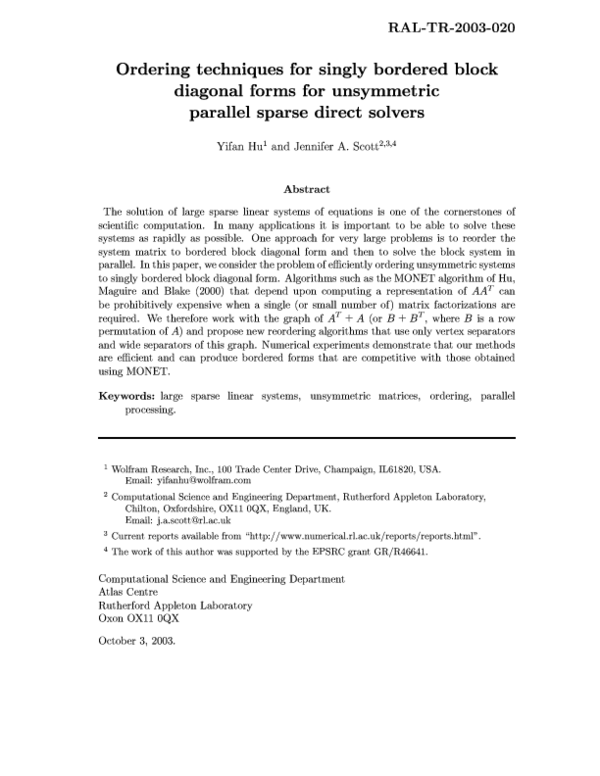 (PDF) Ordering techniques for singly bordered block diagonal forms for unsymmetric parallel ...