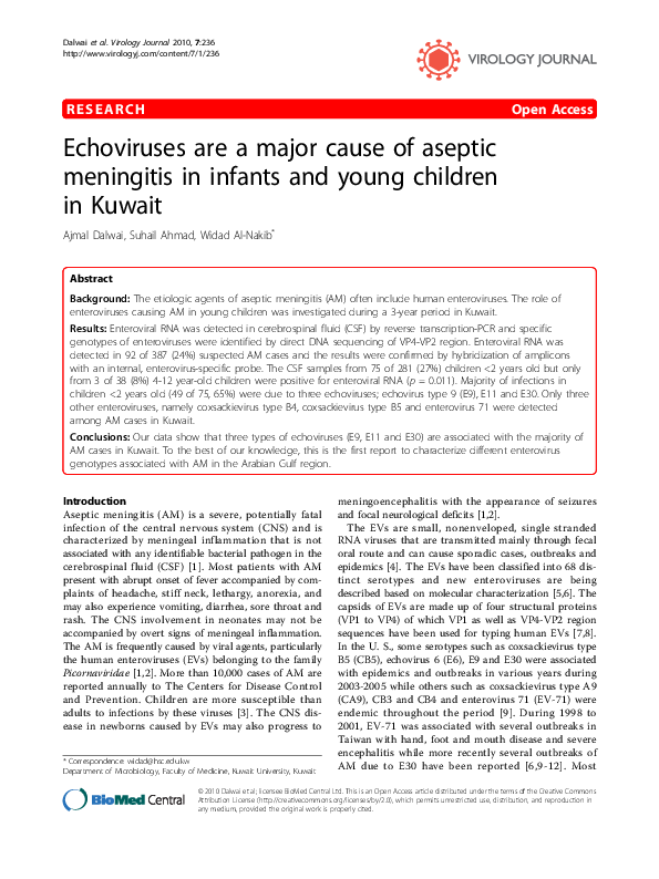 (PDF) Echoviruses are a major cause of aseptic meningitis in infants ...