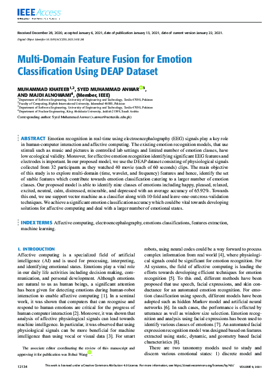 Multi-Domain Feature Fusion for Emotion Classification Using DEAP Dataset Multi-Domain Feature Fusion for Emotion Classification Using DEAP Dataset