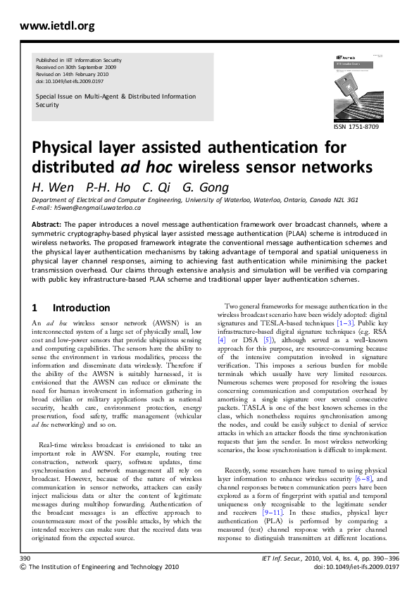 (PDF) Physical layer assisted authentication for distributed ad hoc ...