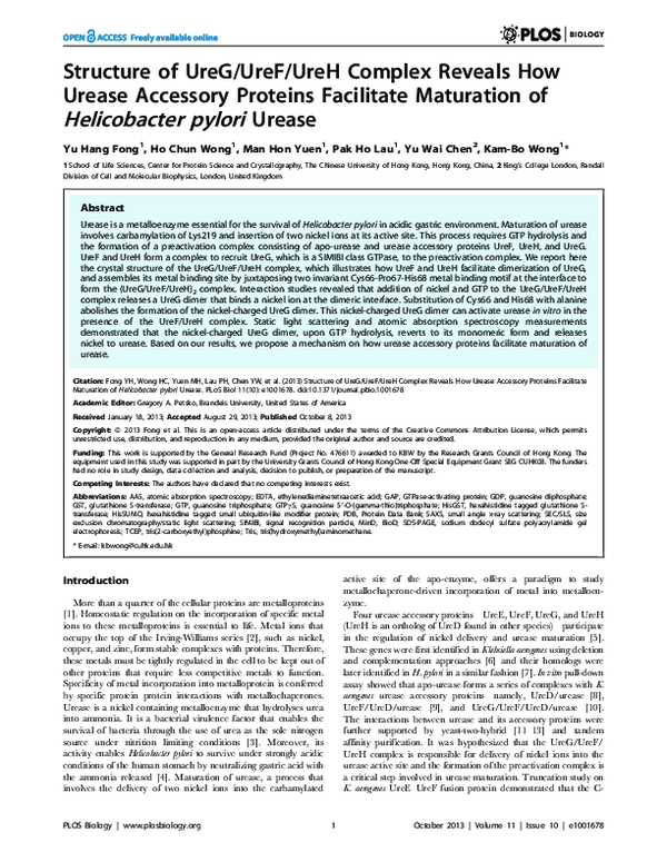 (PDF) Structure of UreG/UreF/UreH complex reveals how urease accessory ...